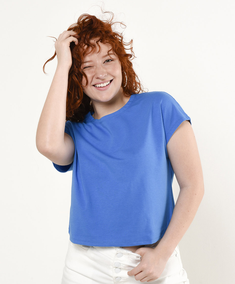 Polera mujer lisa corta azul - TRICOT