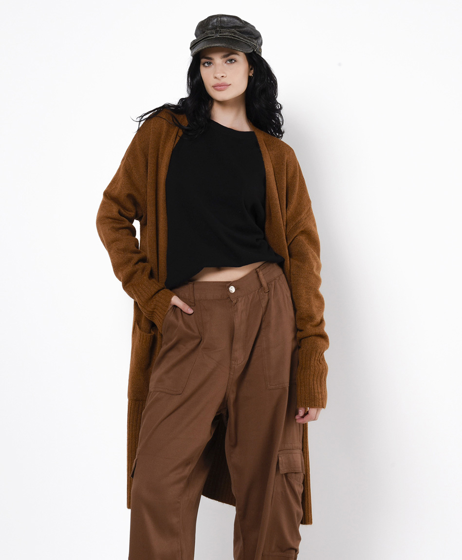 Cardigan mujer largo café - TRICOT
