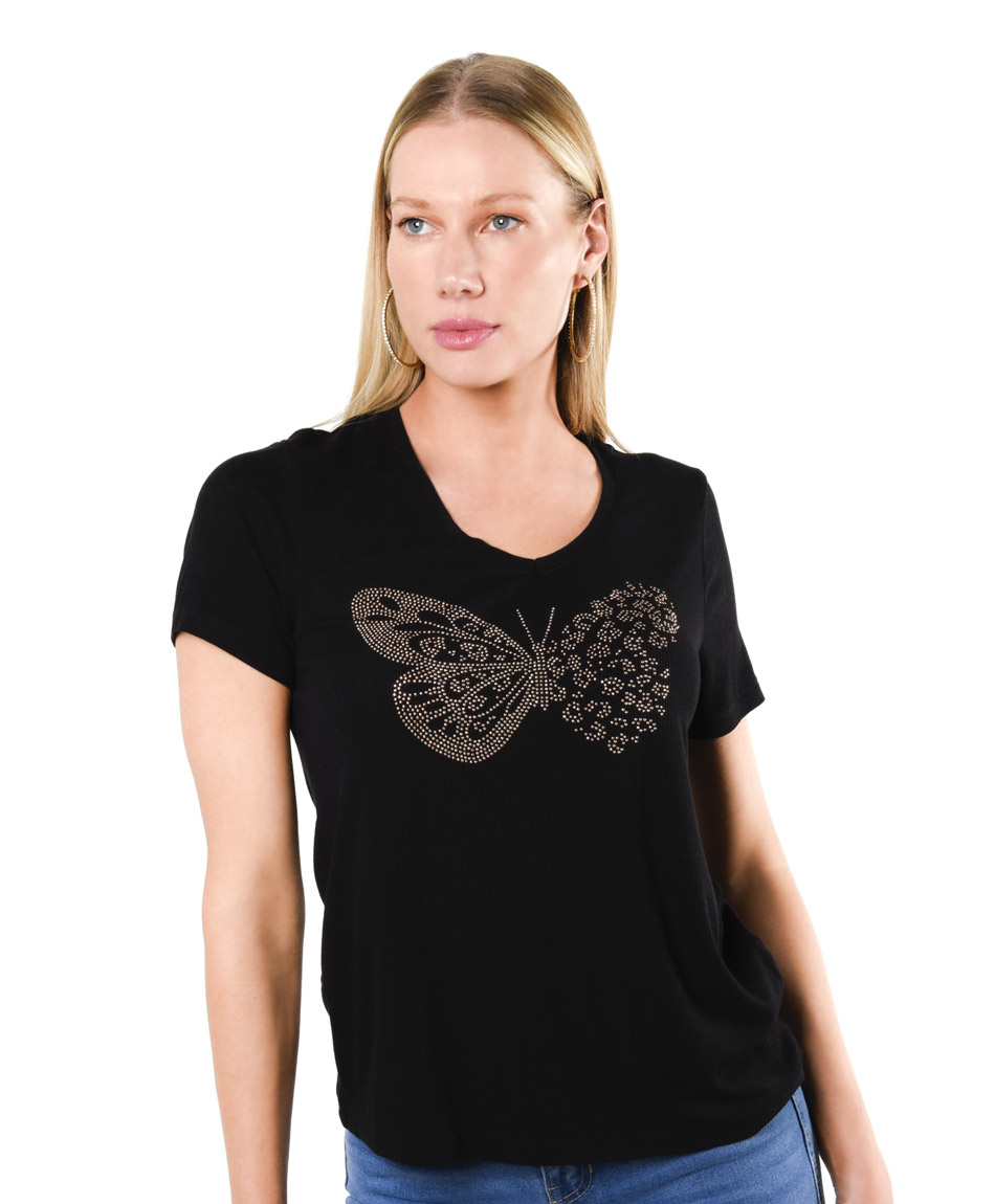 Polera mujer brillos mariposa - TRICOT