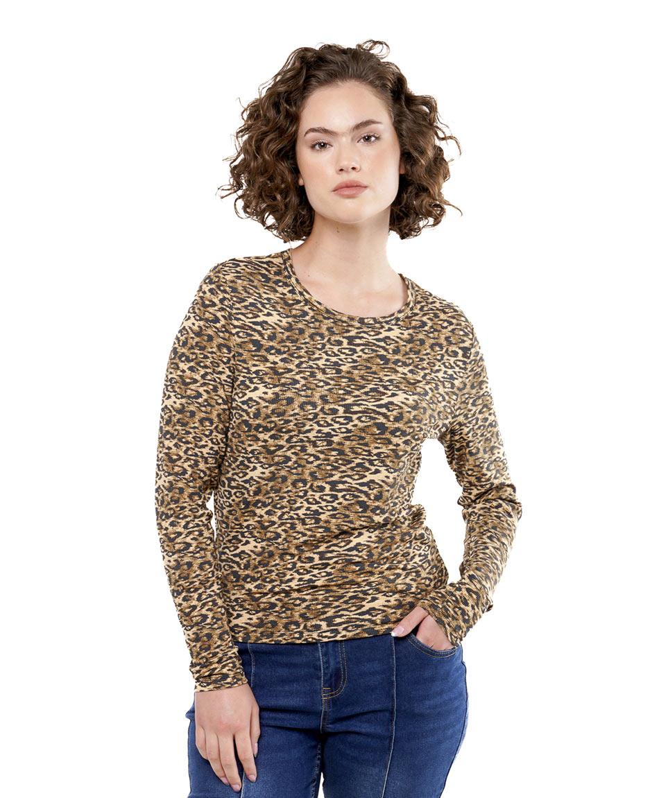 Polera mujer animal print beige - TRICOT
